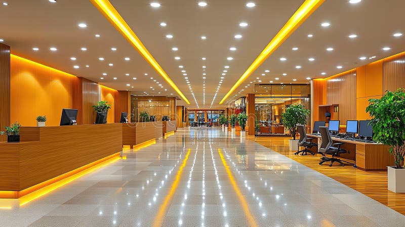 Modern Lobby with Warm Lighting Stock Illustration - Illustration of ...
