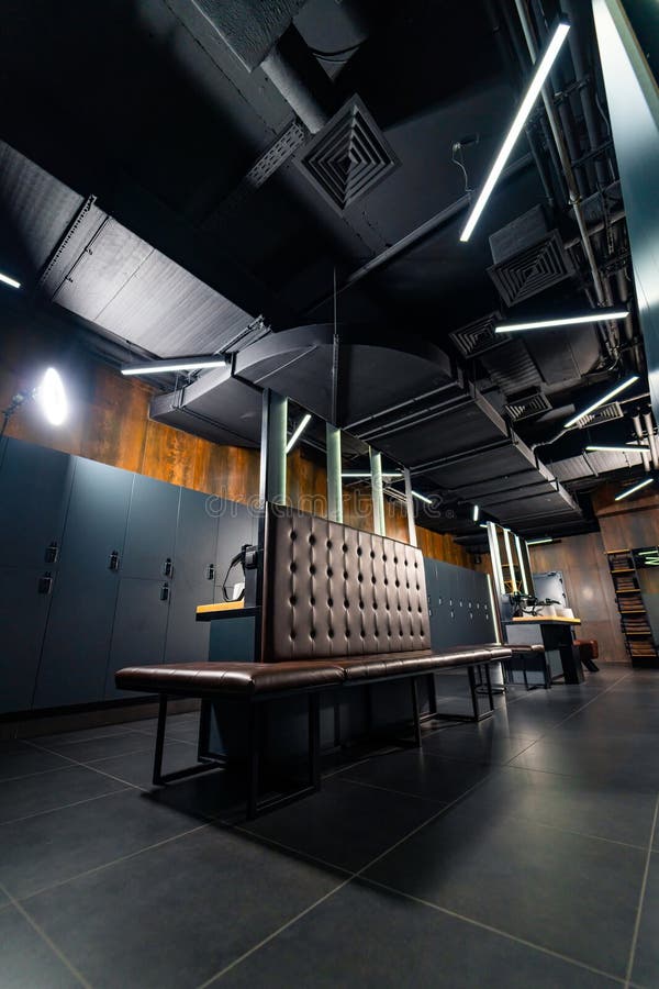 Modern Locker Room Gym Interior. Dark Lockers in a Changing Room Stock ...