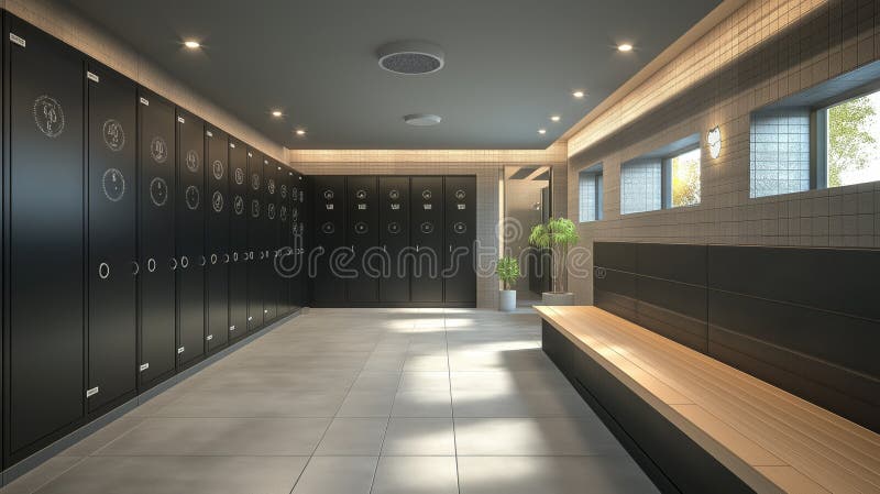 Modern Locker Room Interior with Sleek Design and Natural Light Stock ...
