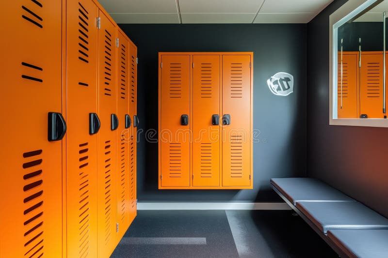 A Modern Locker Room with Orange Lockers and a Bench, Designed for ...