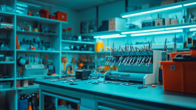 Modern Locksmith Workshop with Key Duplication Machine on Workbench ...