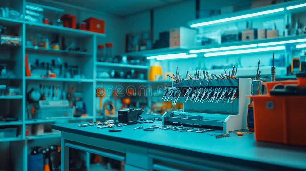 Modern Locksmith Workshop with Key Duplication Machine on Workbench ...