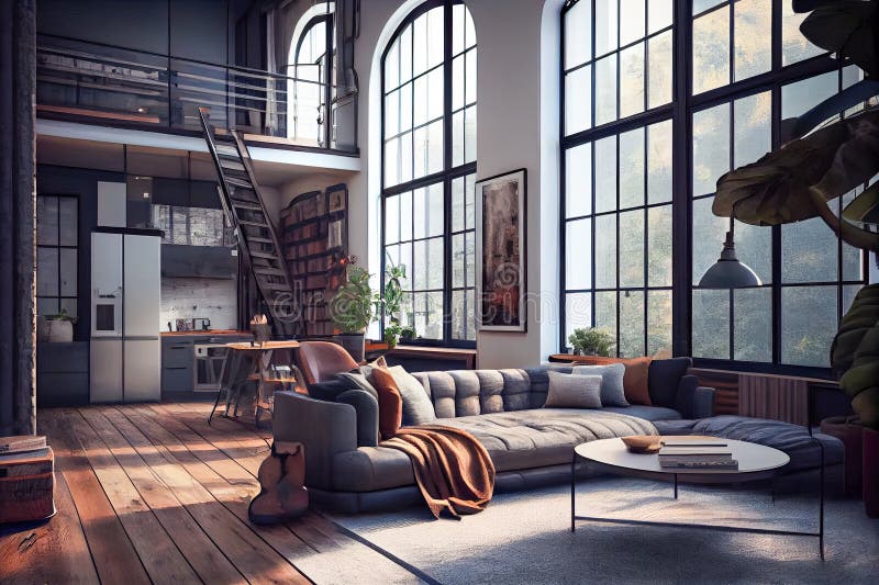Modern Loft Apartment with Large Windows. Generative AI, Generative, AI ...
