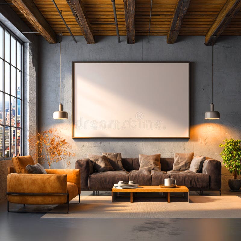 Modern Loft Apartment Living Room Design with Large Canvas Stock ...