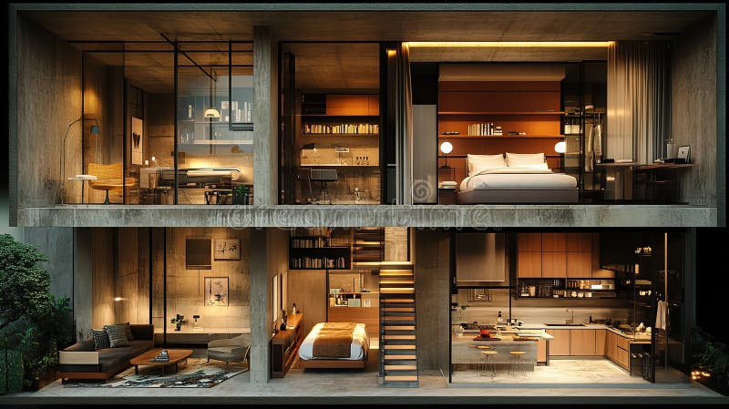 Modern Loft Apartment with Open Floor Plan and Concrete Accents Stock ...