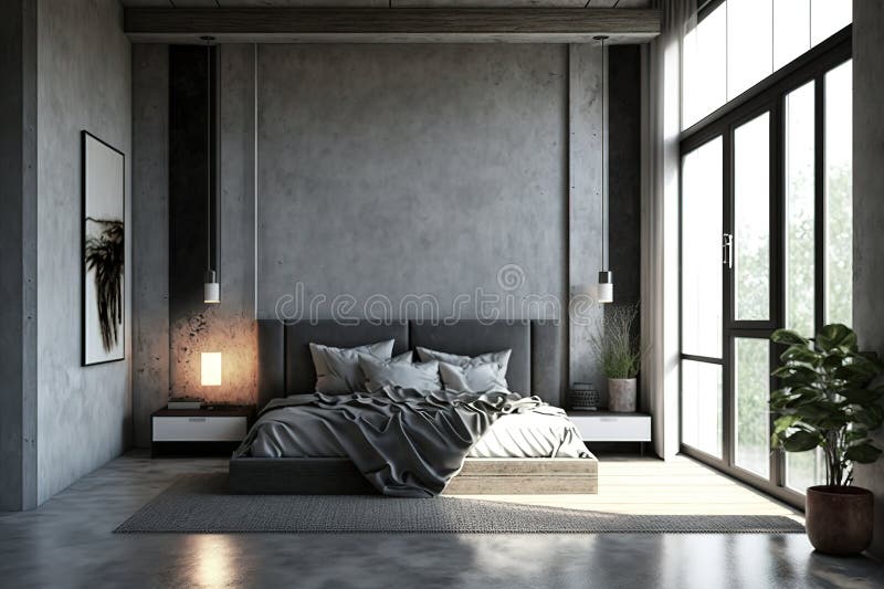 The Modern Loft Bedroom and Concrete Wall Texture Background Stock ...