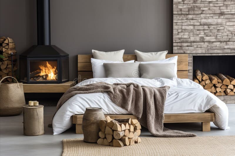 Modern Loft Bedroom with Cozy Fireplace, Stylish Brick Wall, and ...