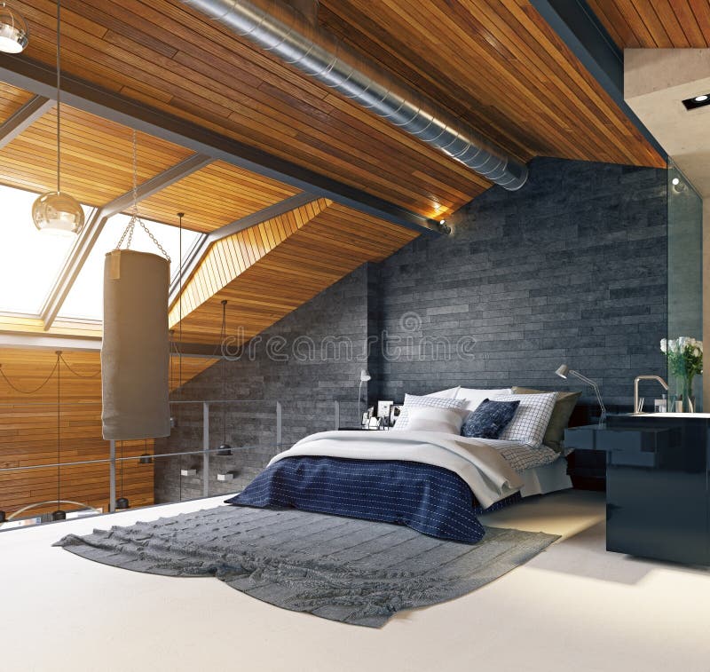 Modern Loft Bedroom Interior Stock Illustration - Illustration of house ...