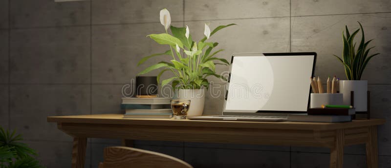 Modern Loft Computer Workplace Setup with Laptop, Stationery and Decor ...