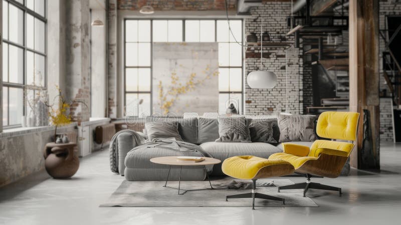 Modern Loft with Cozy Seating, Yellow Chair, and Industrial Decor ...