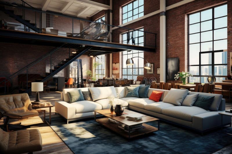Modern Loft with Industrial Elements Stock Illustration - Illustration of luxury, sofa: 307082730