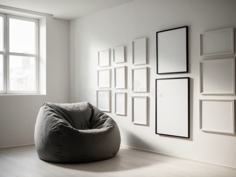Modern Loft Interior with Bean Bags and Empty Picture Frames. Stock ...
