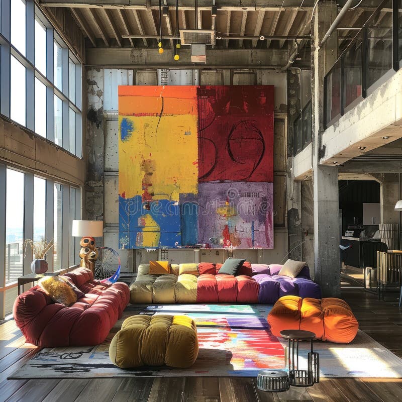 Modern Loft Interior with Colorful Abstract Art and Sofa Stock ...