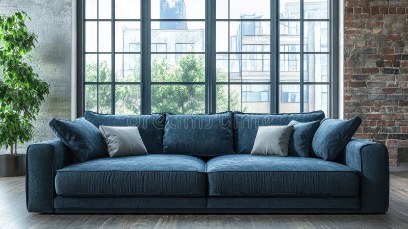 Modern Loft Interior with Comfortable Sofa and Industrial Windows Stock ...