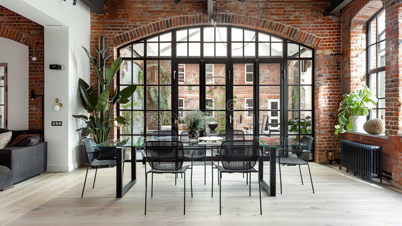 Modern Loft Interior Design with Brick Walls and Large Windows Stock ...
