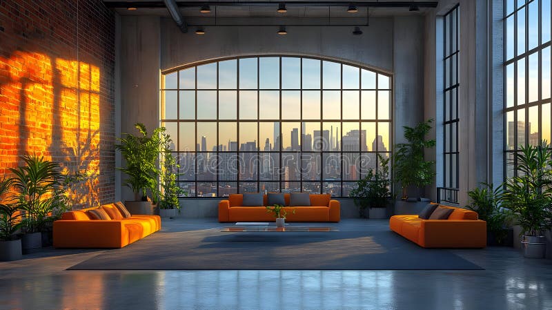 Modern Loft Interior Design with City View 3D Illustration Stock ...
