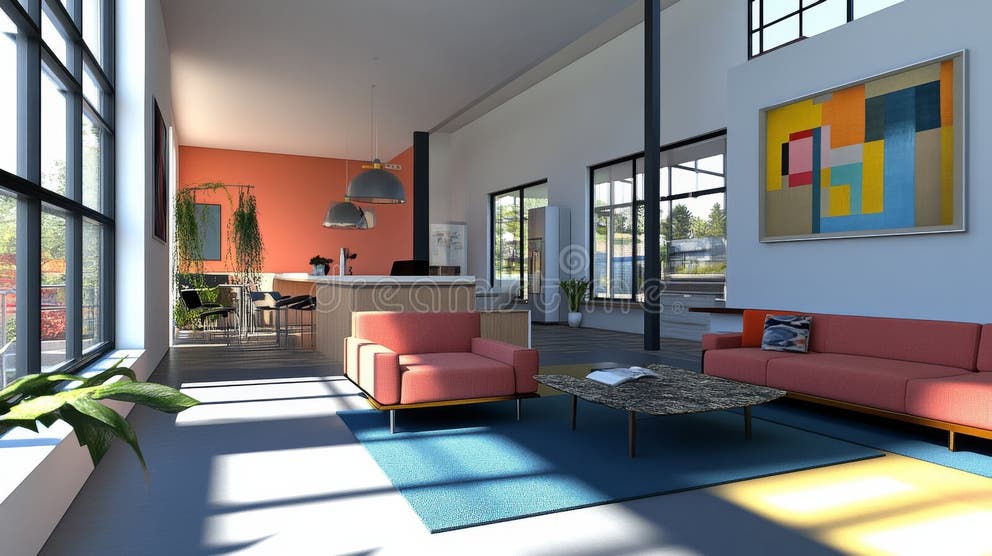 Modern Loft Interior Design Composition, Abstract Art, Sunlight ...