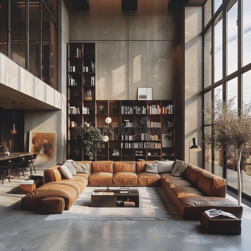 Modern Loft Interior Design with Large Windows and Leather Sofa - 3D ...