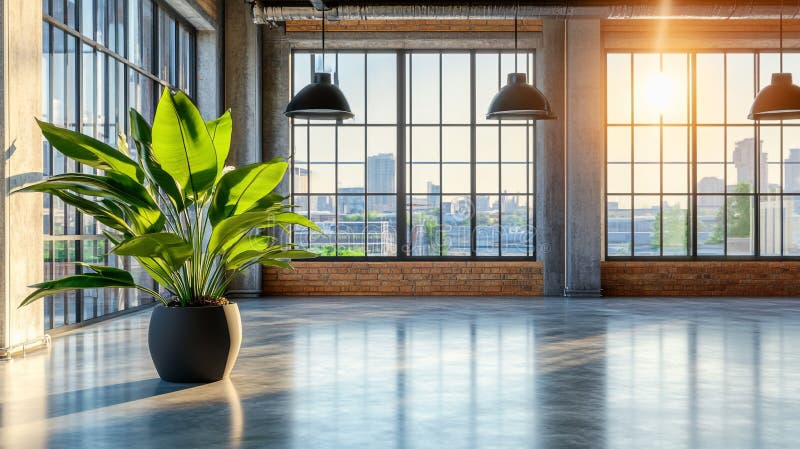 Modern Loft Interior Design with Large Windows Plant and Sunlight Stock ...