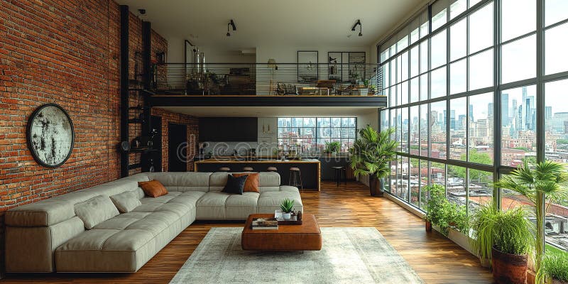 Modern Loft Interior with Expansive Windows Showcasing City Skyline ...