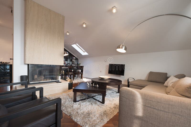 Modern Loft Interior with Fireplace Stock Image - Image of pillow ...