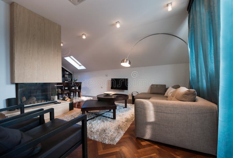 Modern Loft Interior with Fireplace Stock Photo - Image of luxury ...