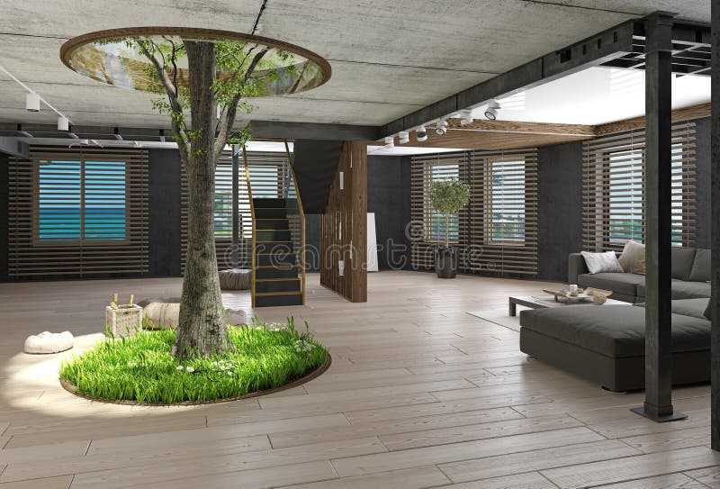 Modern Loft Interior with the Tree Inside. Stock Illustration ...