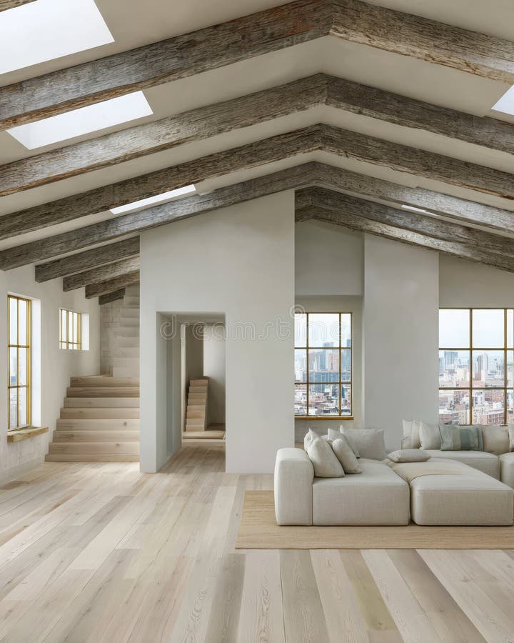 Modern Loft Interior with Wooden Beams and Spacious Layout in Urban ...