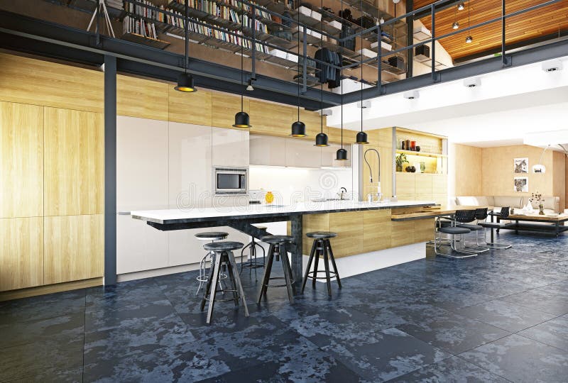 Modern loft kitchen stock illustration. Illustration of indoors - 327220879