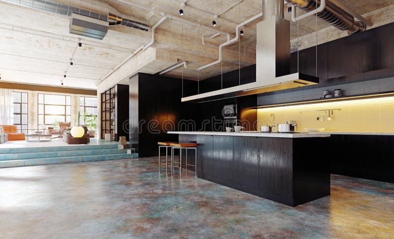 Modern Loft Kitchen Interior Stock Illustration - Illustration of pipe ...