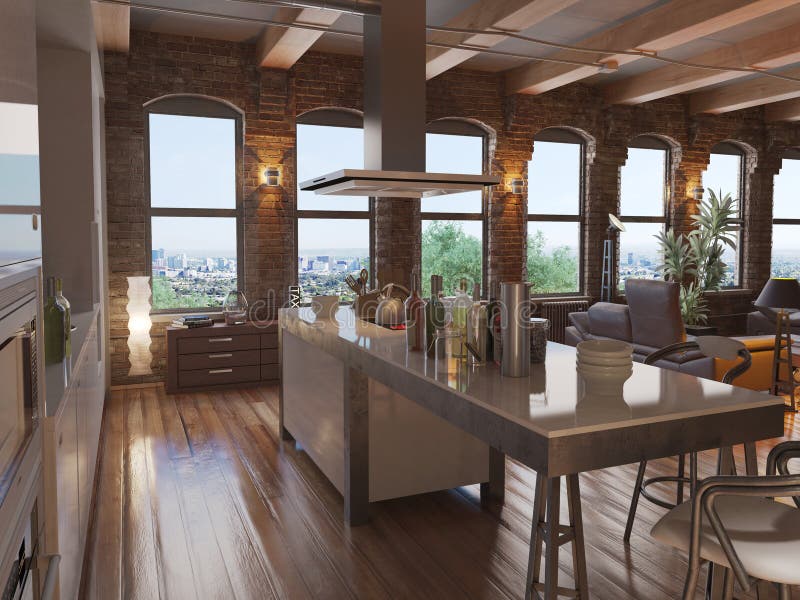 Modern Loft Style Living Room with Polished Concrete Wall 3d Render ...