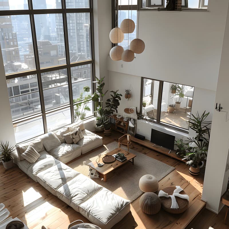 Modern Loft with Large Windows and Minimalist Design Stock Image ...