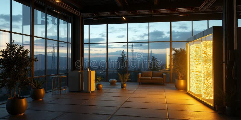 A Modern Loft with Large Windows Overlooking a City Skyline Stock ...