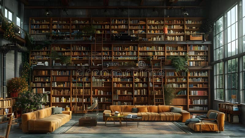 Modern Loft Library with Industrial Architecture High Ceilings and ...