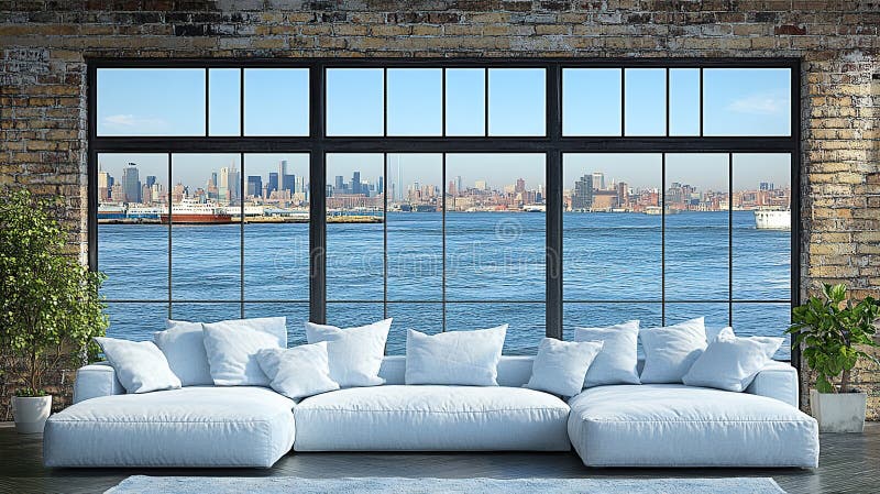 Modern Loft Living Room with City Views Stock Illustration ...