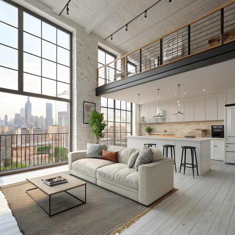 A Modern Loft Living Room with a Couch and a Kitchen Stock Image ...