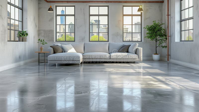 Modern Loft Living Room with Large Windows and Minimalist Design Stock ...