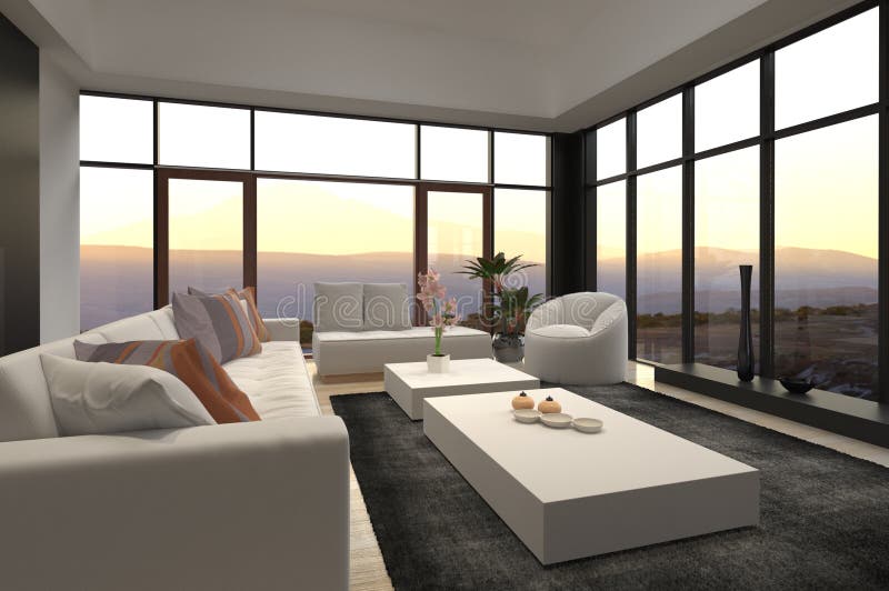 Modern Loft Living Room with Sunset / Sunrise View Stock Image - Image ...