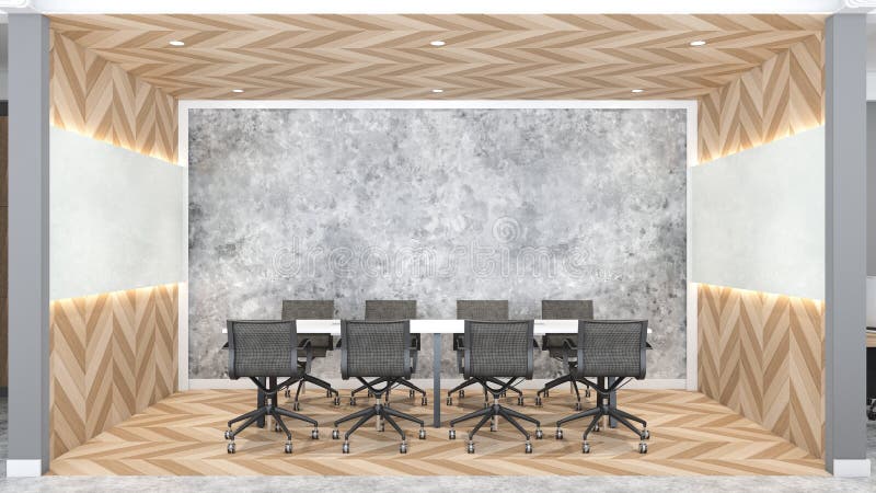 Modern Loft Meeting Room with White Desk and Wood Pattern Wall, Wood ...