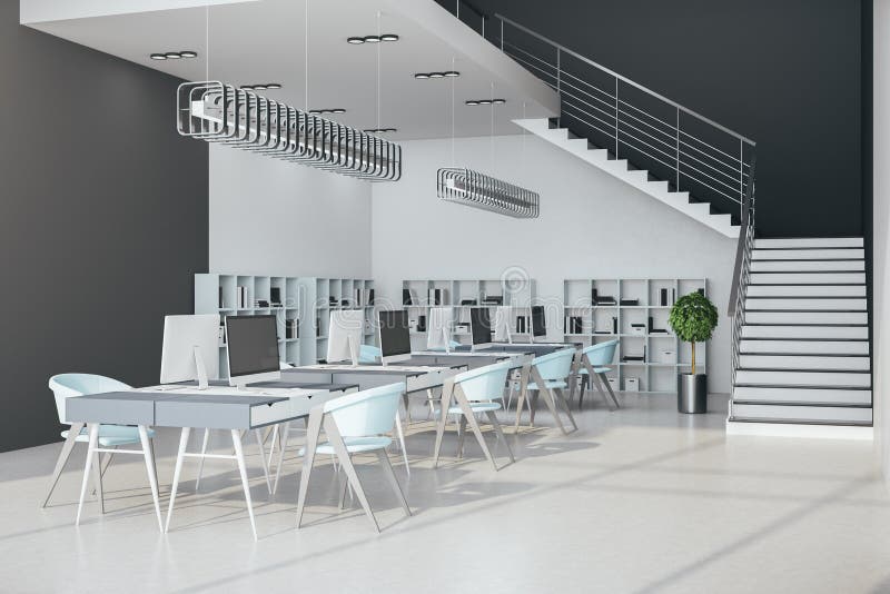 Modern Loft Office with Computer on Table and Shelf with Book Stock ...