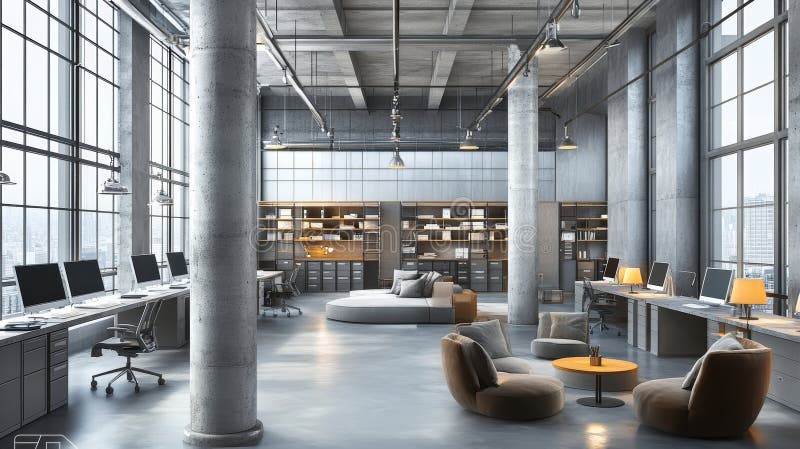 Modern Loft Office Open Workspace with Concrete Columns Large Windows ...
