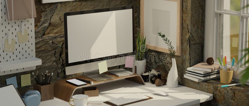 Modern Loft Office Studio Workspace Interior with Pc Computer Over ...