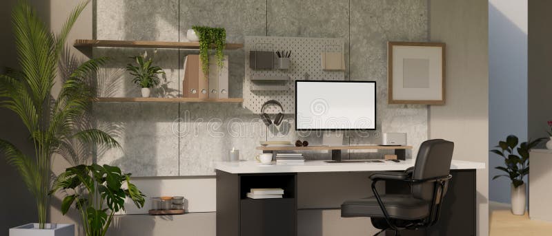Modern Loft Office Workspace Interior with Computer Mockup, Pegboard ...