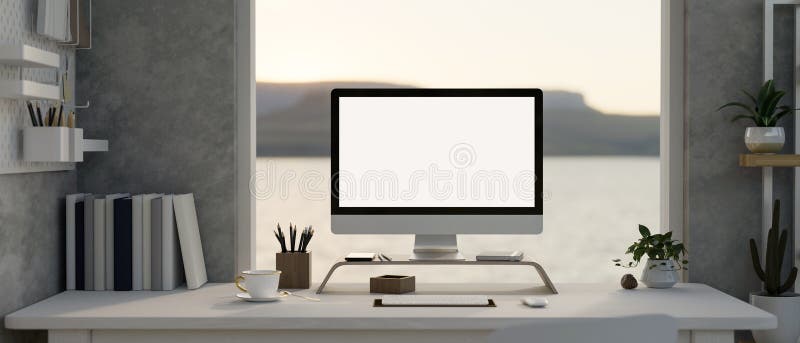 Modern Loft Office Workspace with a White-screen Computer Mockup on a ...