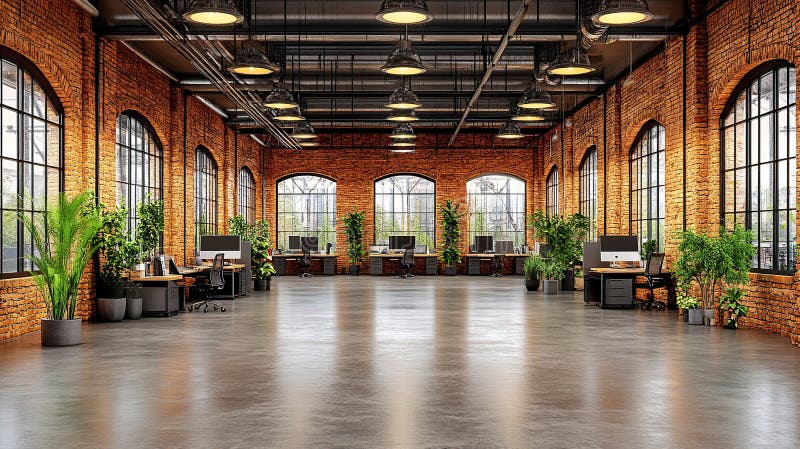 Modern Loft Office, Workstations, City View, Brick Walls, Open Plan ...