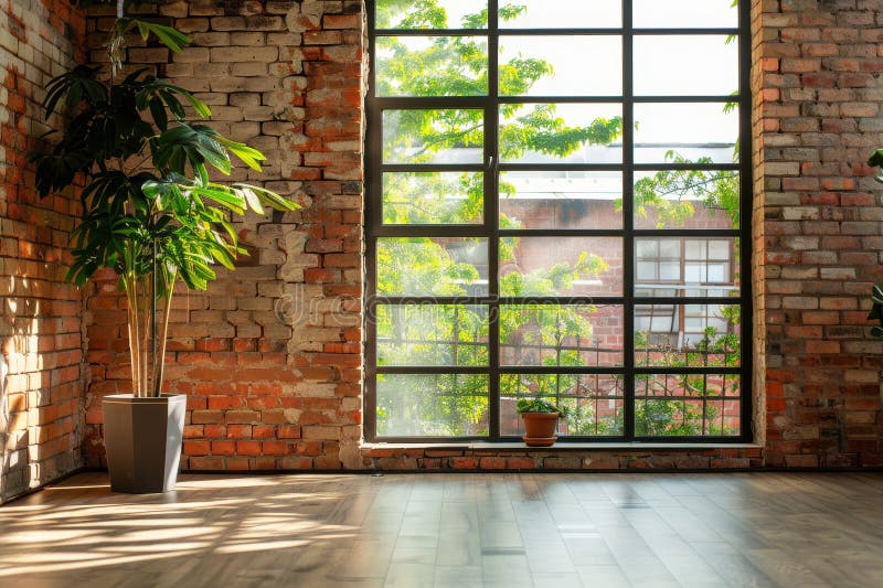 Modern Loft Style Room with Large Window, Brick Wall, and Plant in ...