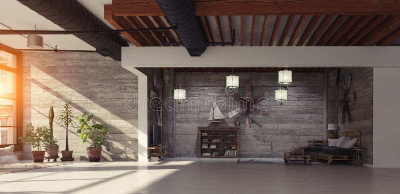 Modern loft room stock illustration. Illustration of interiors - 108813403