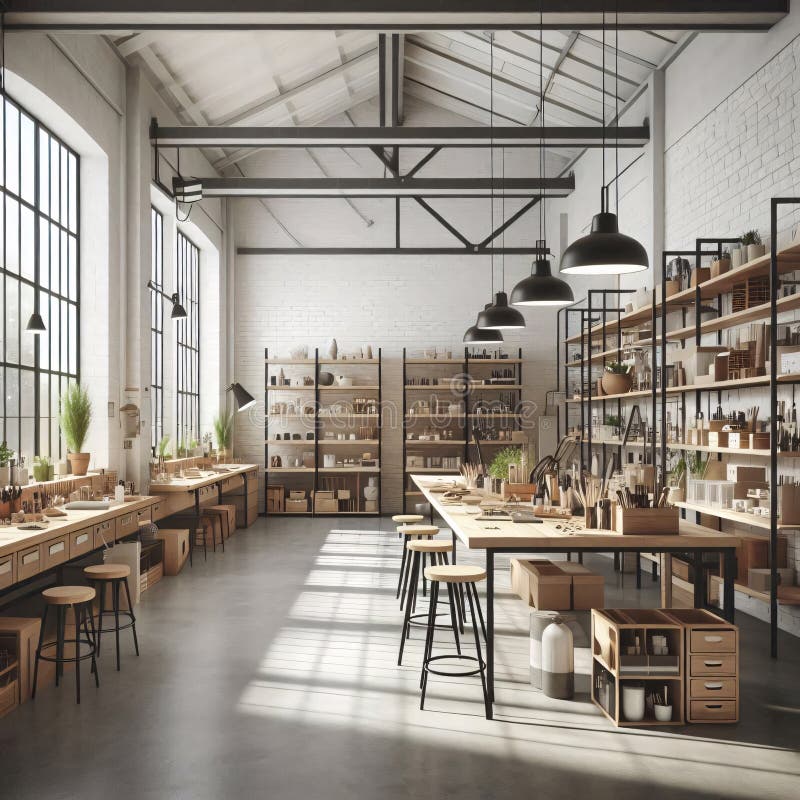 Modern Loft Studio with Bright Windows and Cozy Workspace Stock ...