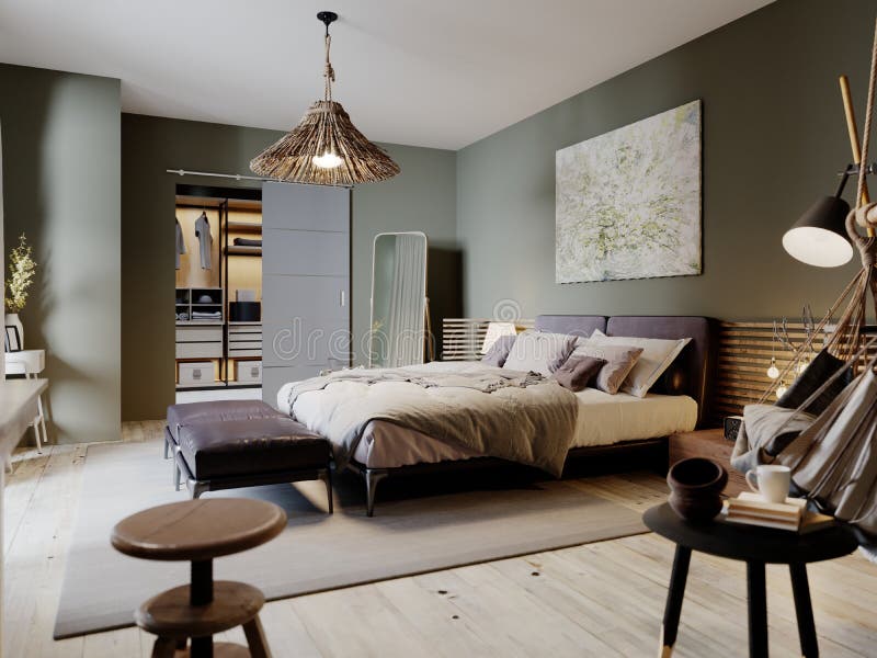 Modern Loft Style Bedroom with a Trendy Bed and Hanging Chair Stock ...