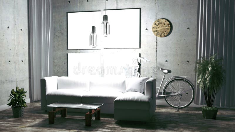 Modern Loft Style Interior Design. 3D Rendering Stock Illustration ...